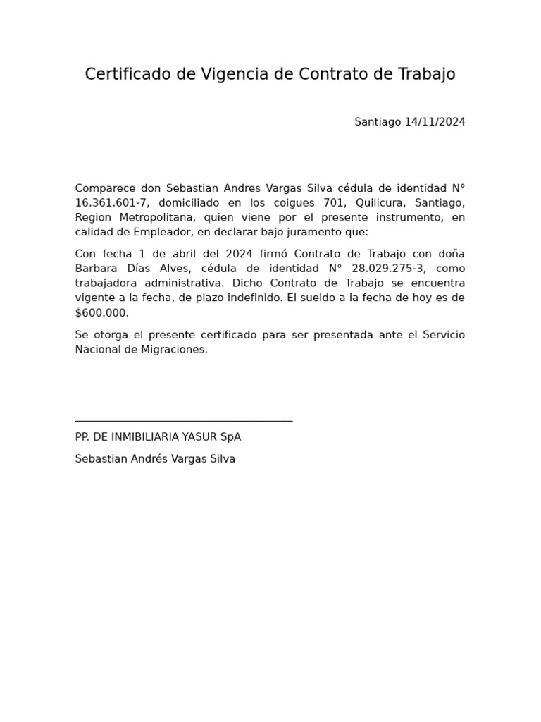Certificado de Vigencia de Contrato de Trabajo | PDF