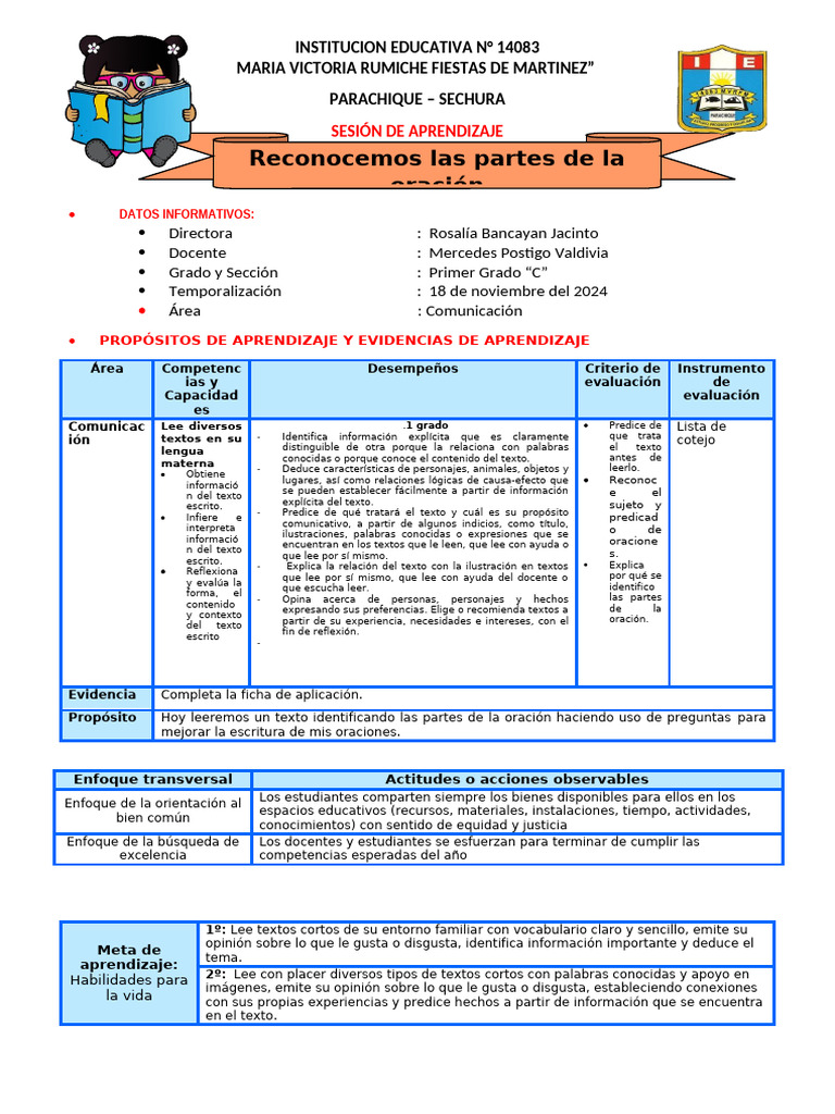 Sesion Com Reconocemos Las Partes de La Oracion | PDF | Asunto ...