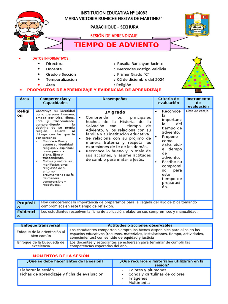 Sesion D2 Religion Tiempo de Adviento | PDF | Evaluación | Adviento