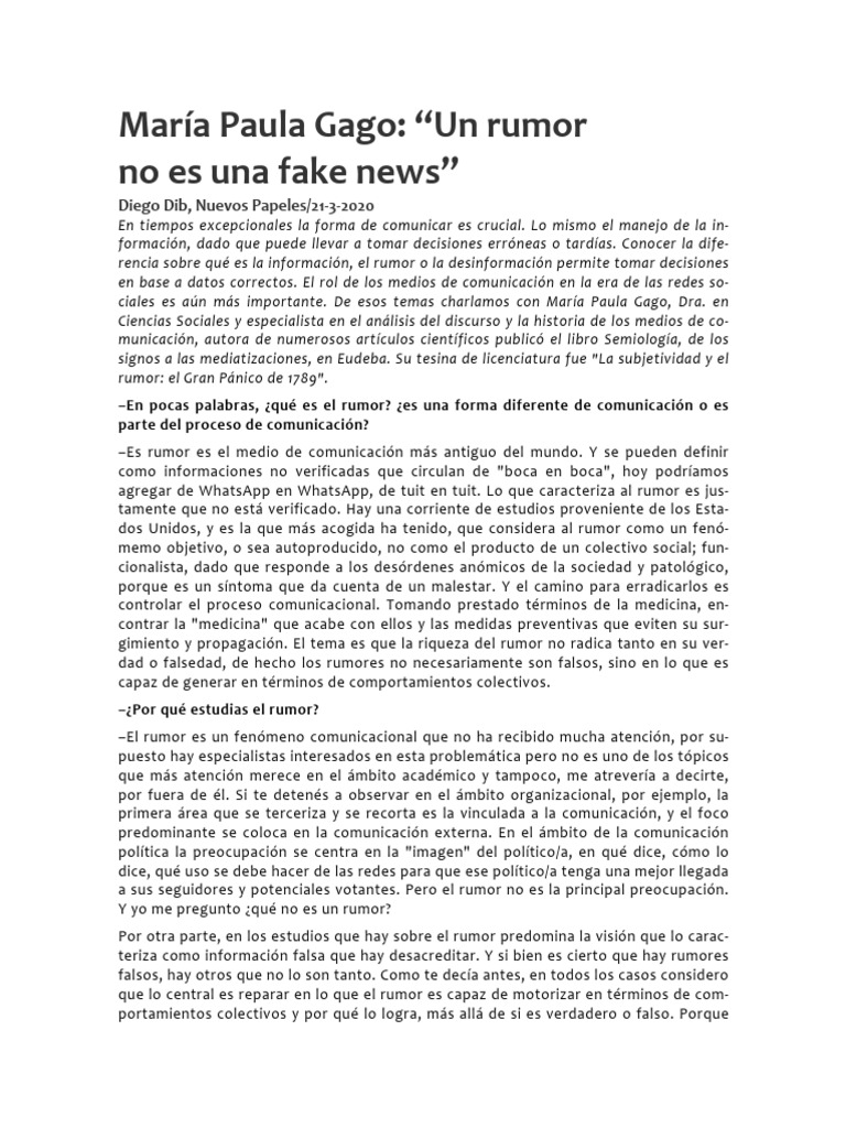 Rumores vs. Fake News: Entrevista a Gago | PDF