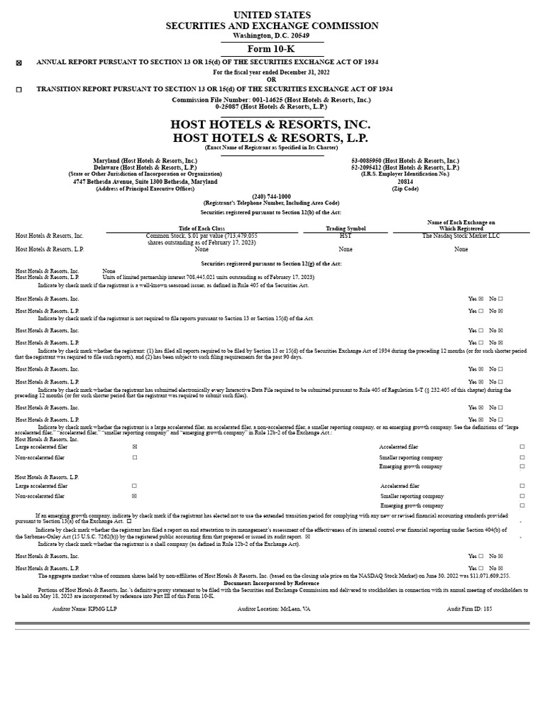 Host Hotels Resorts Inc 2022 Form 10K | PDF | Franchising | Limited ...