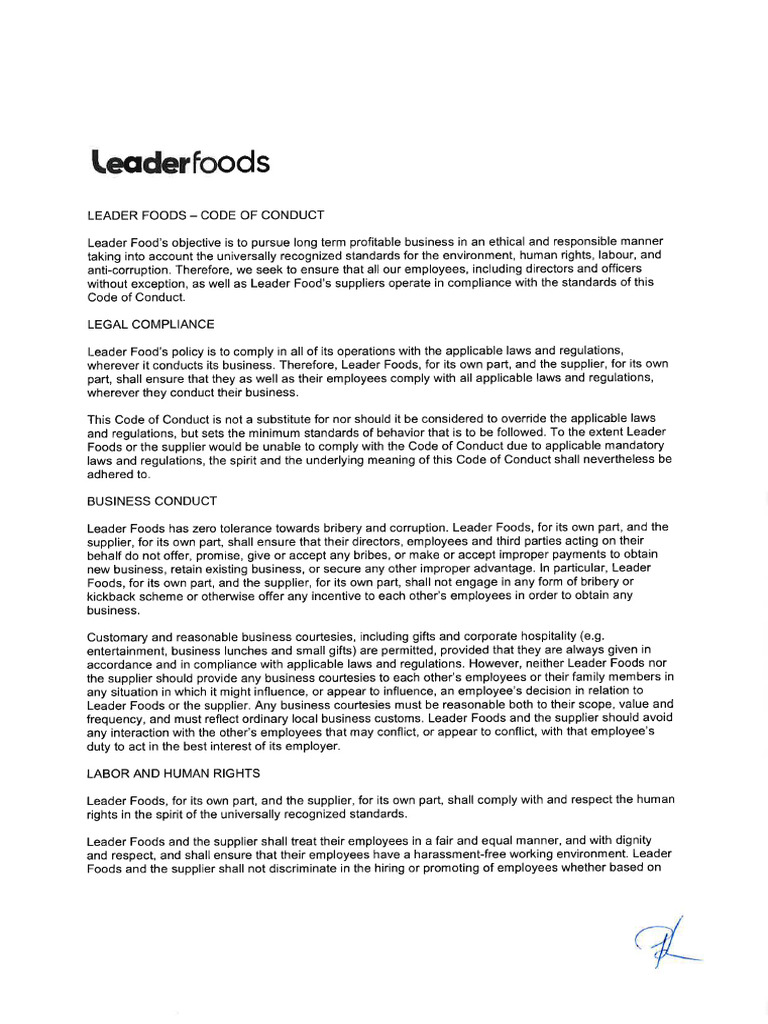 Leader Foods Code of Conduct 18.3.2022 | PDF | Employment | Bribery