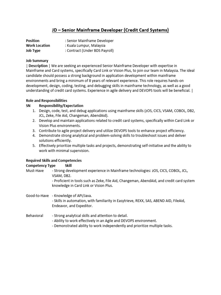 JD - Senior Mainframe Developer (Credit Card Systems) | PDF