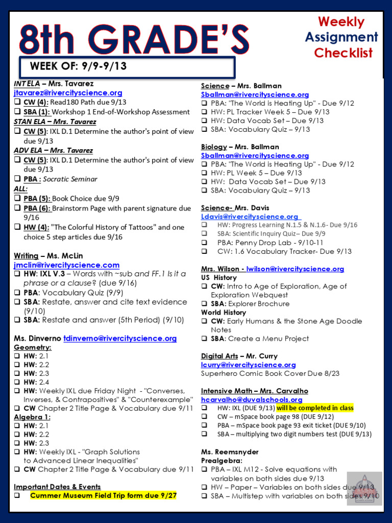 8th Grade Weekly Checklist 9.9 | PDF | Algebra | Mathematics
