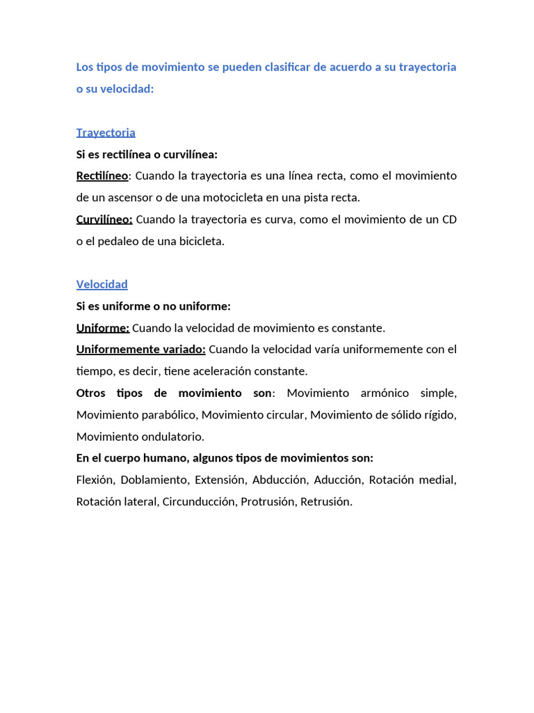 Los Tipos de Movimiento Se Pueden Clasificar de Acuerdo A Su ...