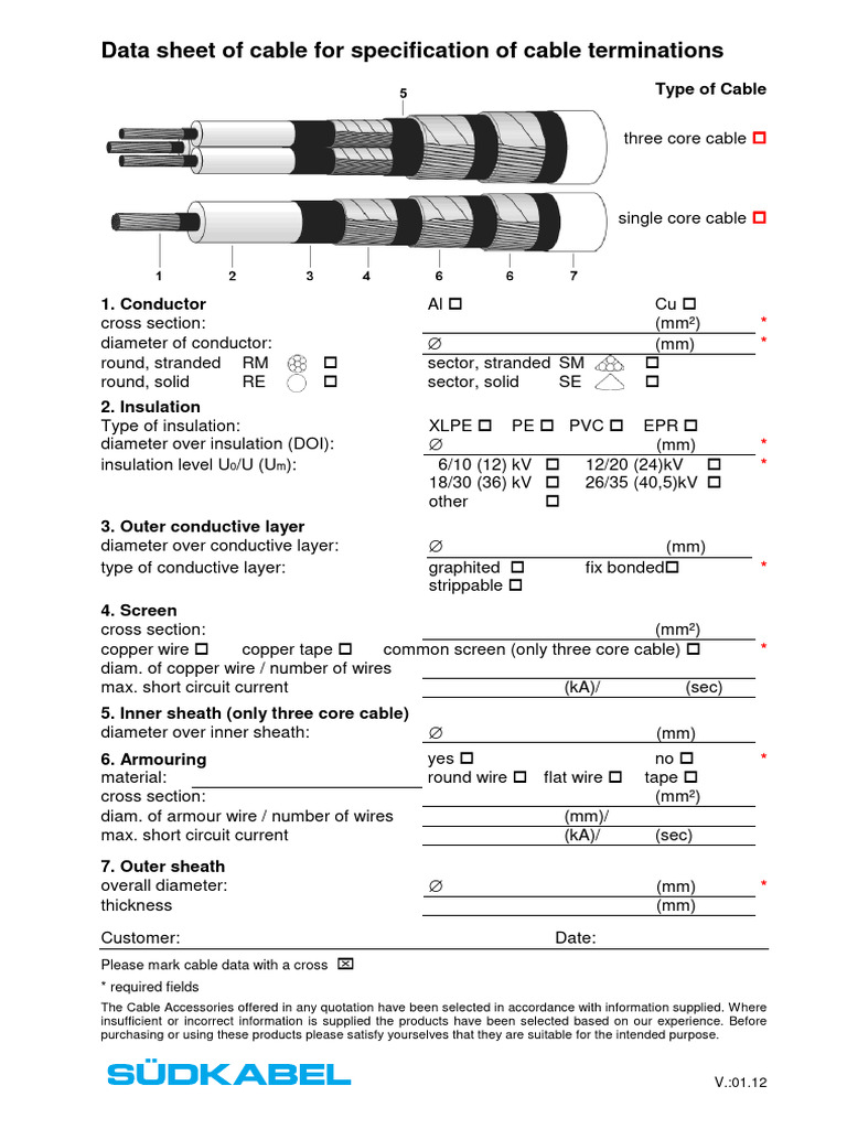 Customer Cable Data Form 03.2014 | PDF | Wire | Electricity