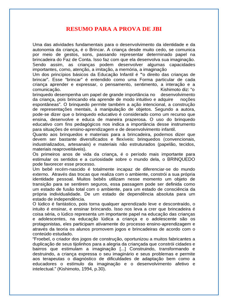 Resumo para A Prova de Jbi NP2 2023 | PDF | Brinquedos | Aprendizado