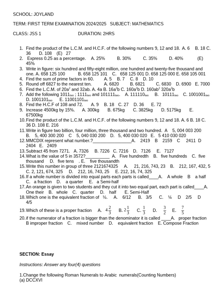 JSS 1 FIRST TERM MATHEMATIC 2024-2025 | PDF | Lexicology | Mathematical Concepts