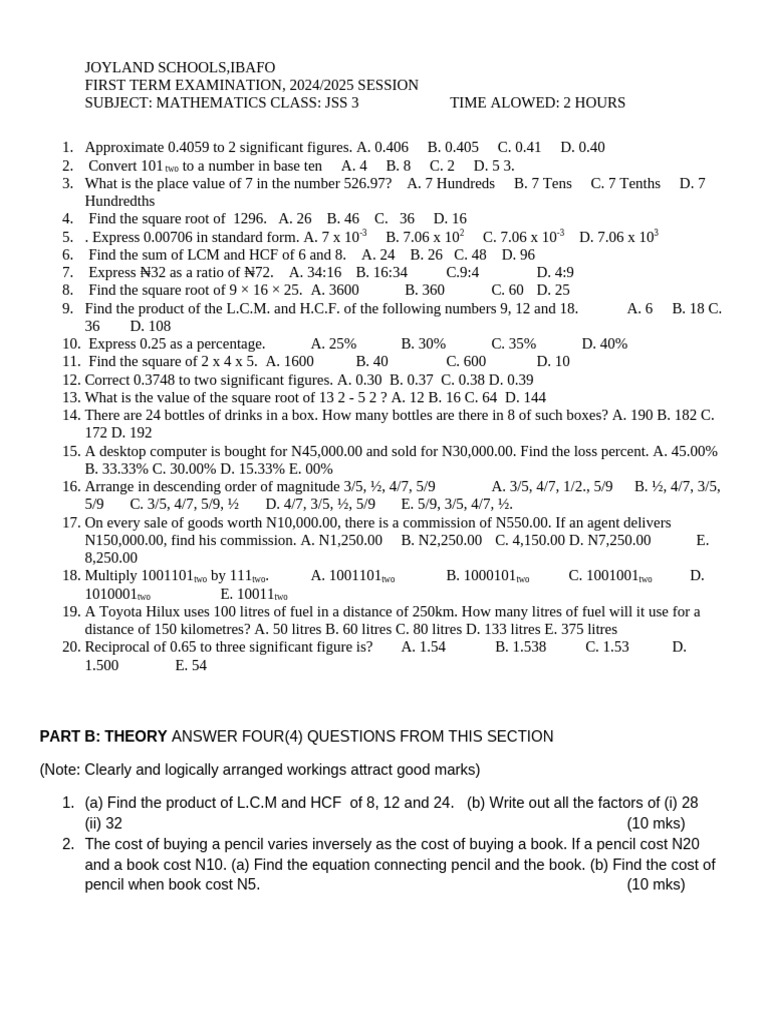 JSS 3 First Term Mathematics Exam 2024 | PDF | Numbers | Elementary ...