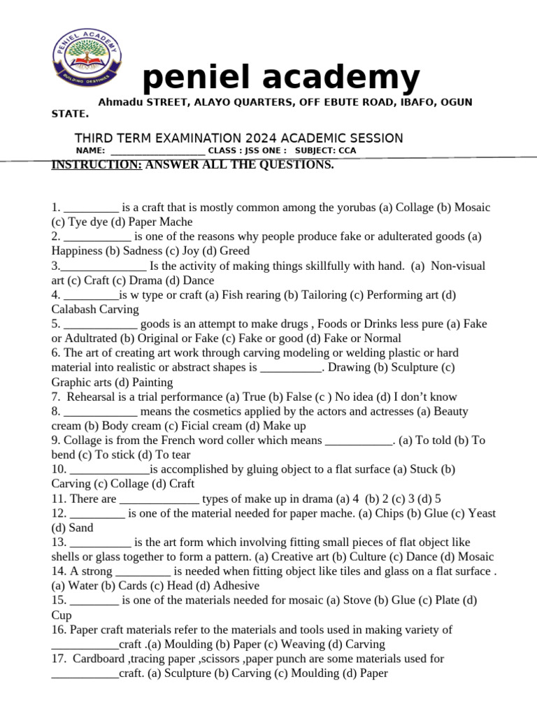 JSS 1 CCA Third Term Examination 2024 | PDF | Adhesive | Wood Carving