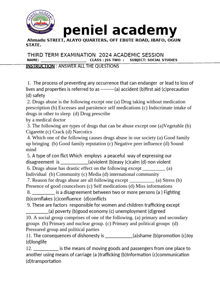 JSS 2 Social Studies Third Term Examination 2024 | PDF | Clinical Medicine