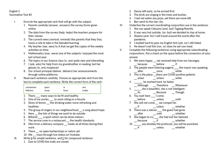 English 5 Verb Usage Test | PDF | Linguistics
