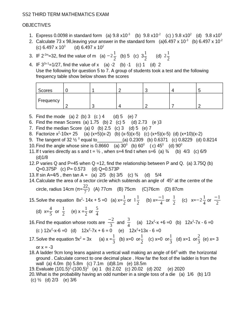 SS2 Third Term Maths Exam | PDF | Elementary Geometry | Mathematics