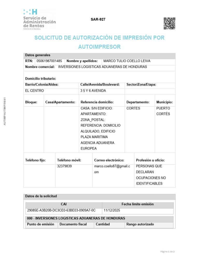Solicitud de Autorización de Impresión Por Autoimpresor: CSV ...