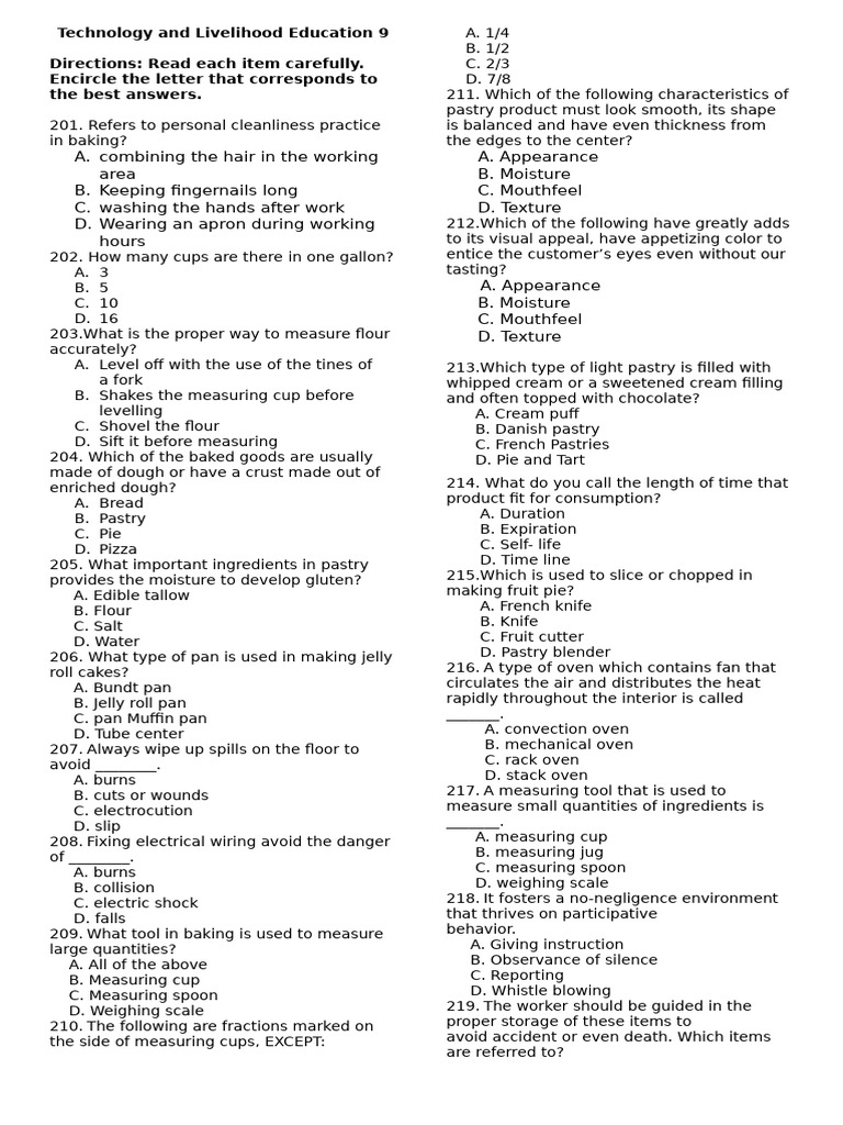 TLE 9: Baking and Food Service Quiz | PDF | Menu | Baking
