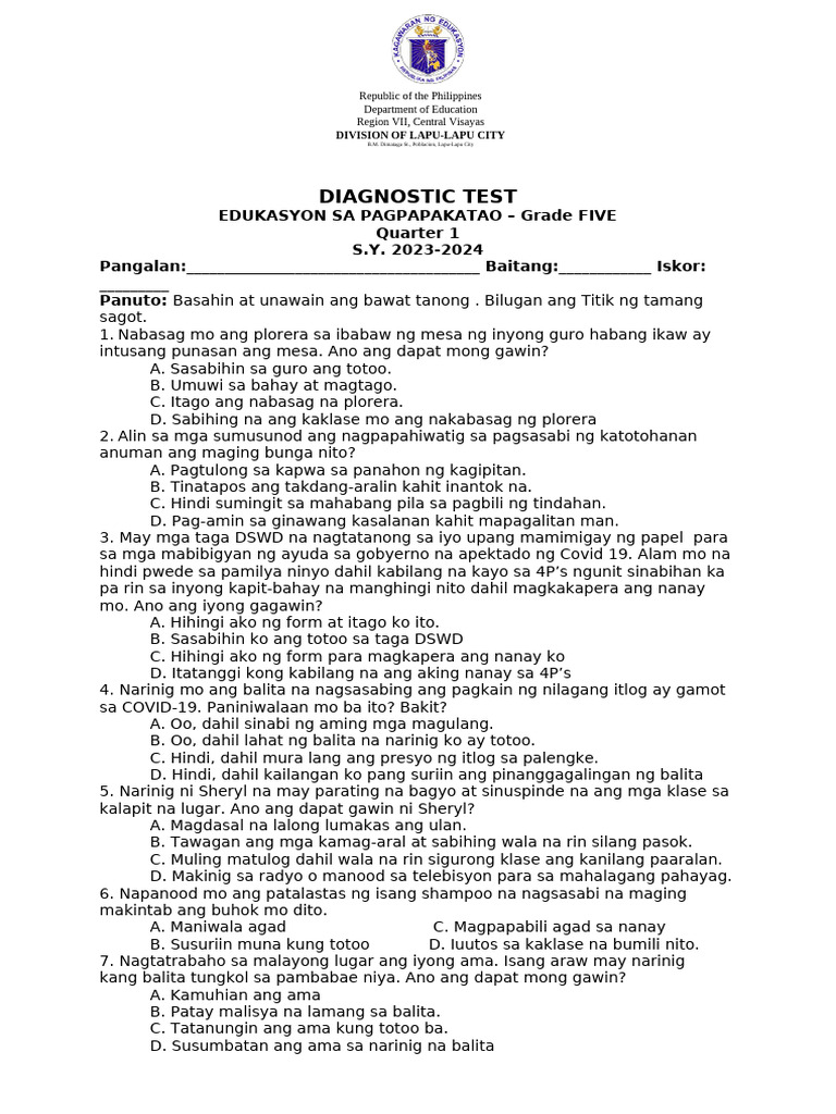 ESP 5 Diagnostic Test 2022 | PDF