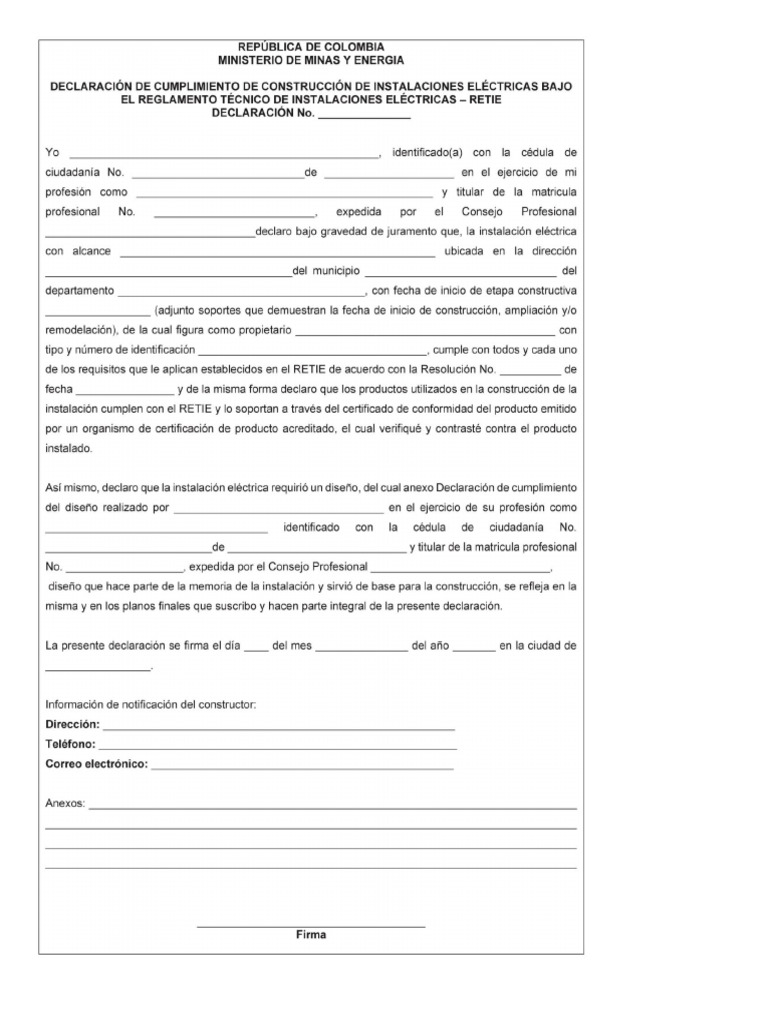 Declaracion de Cumplimiento de La Construccion RETIE 2024 | PDF