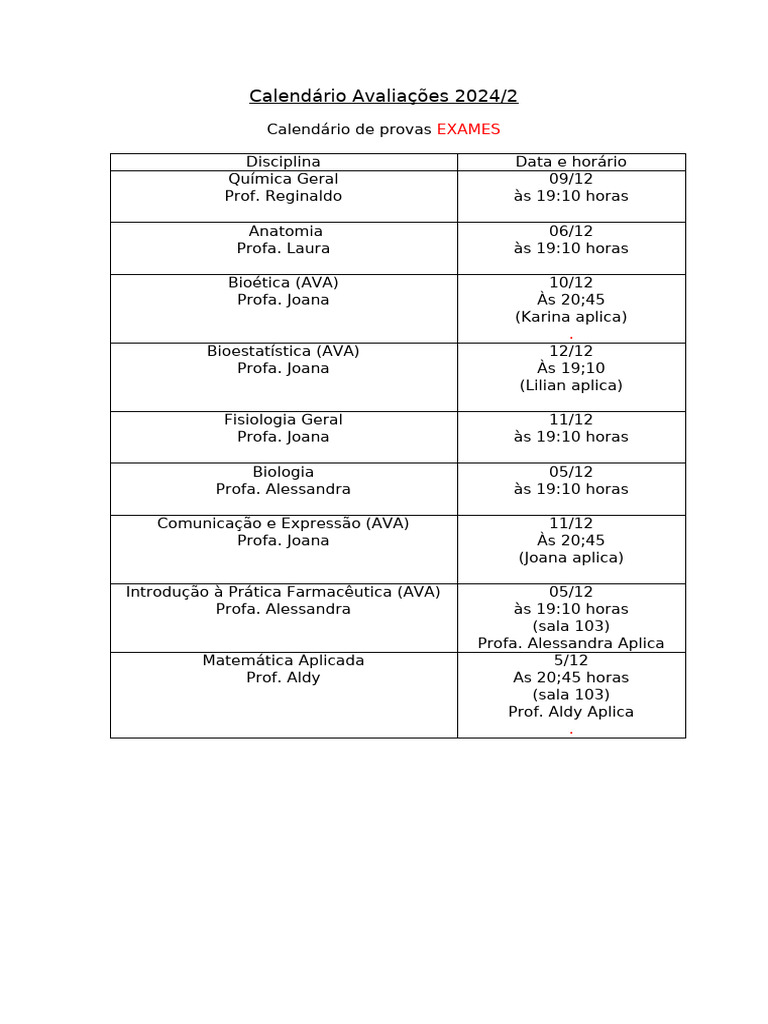 Calendário de Provas 2024/2 | PDF