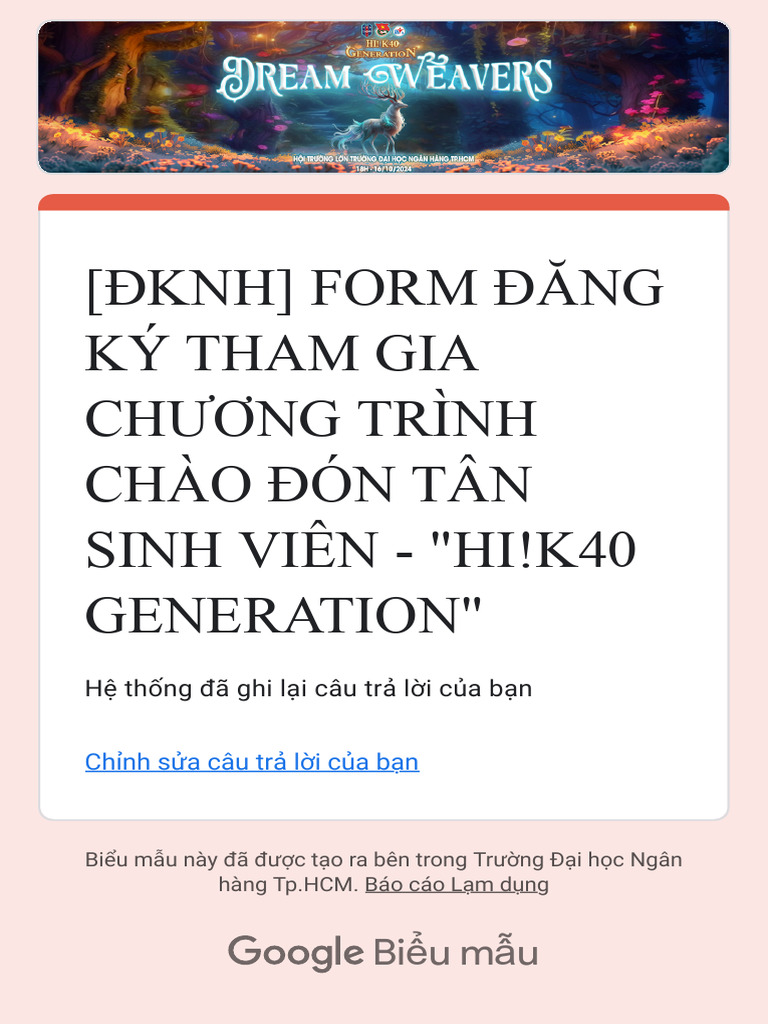 (ĐKNH) Form Đăng Ký Tham Gia Chương Trình Chào Đón Tân Sinh Viên - Hi ...