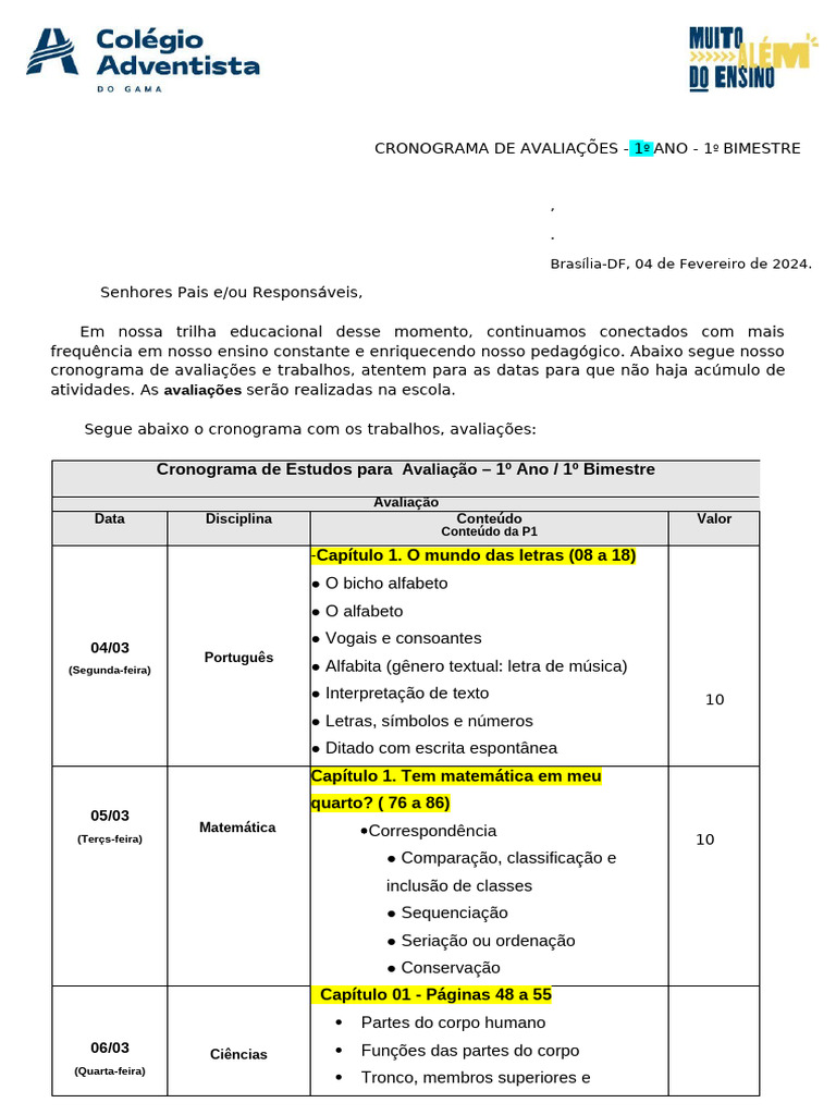 1º Cronograma AV1- 1º ANO | PDF | Pedagogia