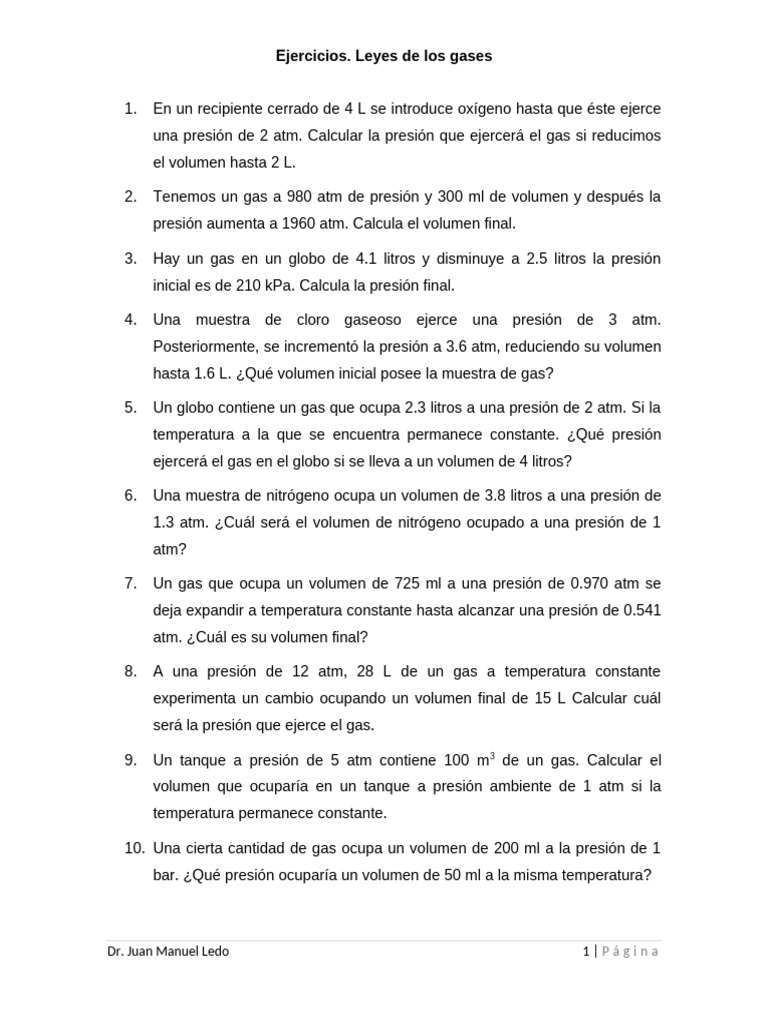 Ejercicios - Leyes de Los Gases - Primera Parte | PDF | Gases | Presión