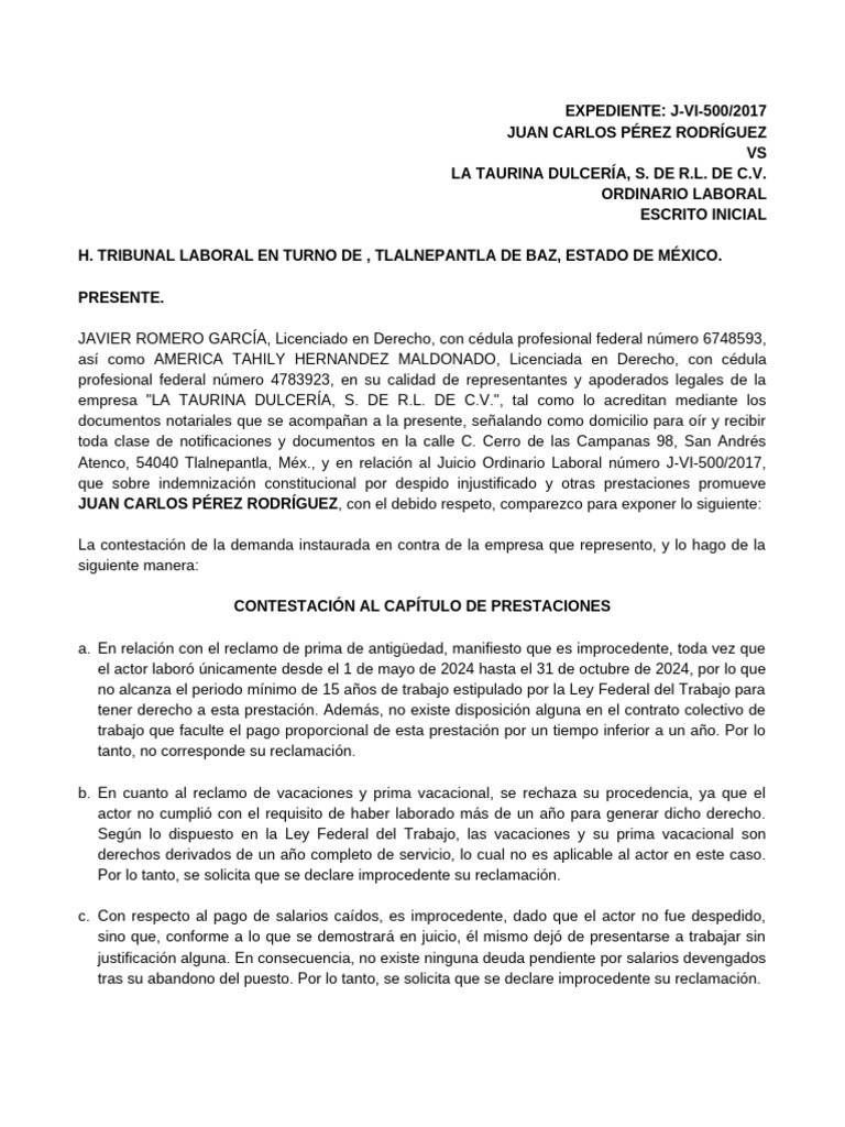 Contestación de Demanda Laboral | PDF | Labor | Business