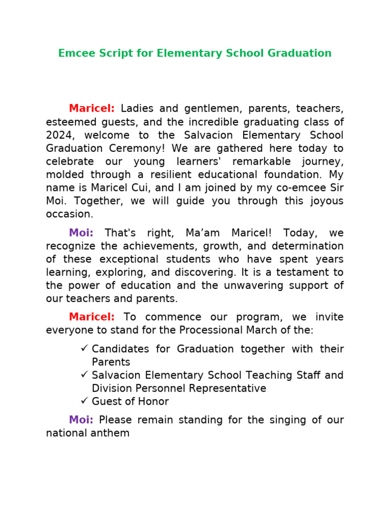 Emcee Script For Salvacion Elementary School Graduation 2024 | PDF