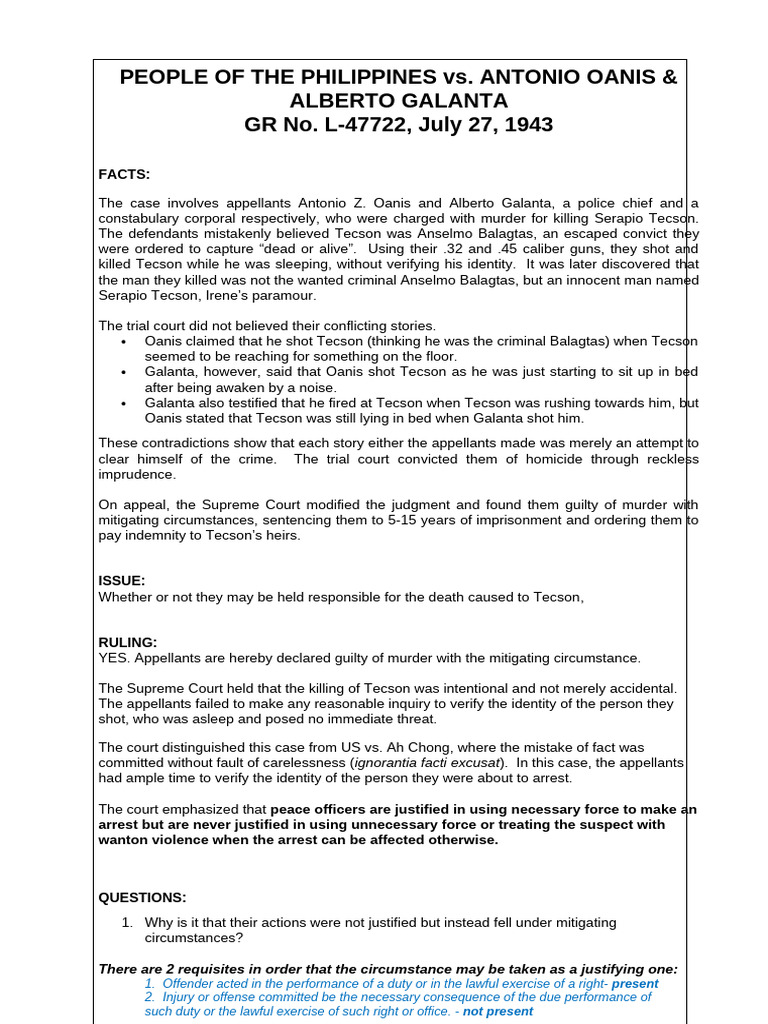 PEOPLE vs OANIS GR No. L-47722 | PDF | Murder | Arrest