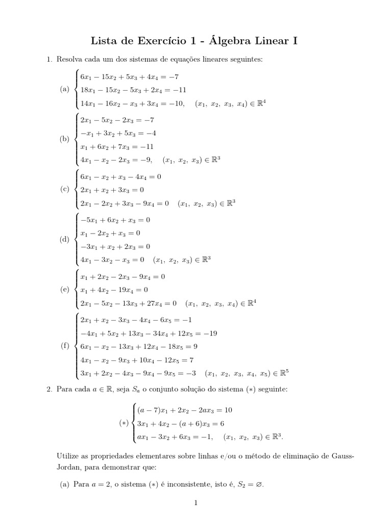 Lista 1 - Álgebra Linear I | PDF | Álgebra | Matemática