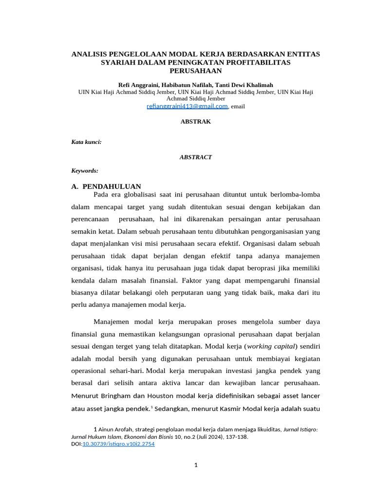 Analisis Pengelolaan Modal Kerja Berdasarkan Entitas Syariah Dalam ...