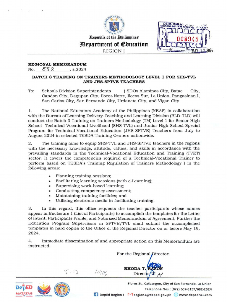 Rm0558s2024 Batch 3 Training of Trainers Methodology Level 1 for Shs ...