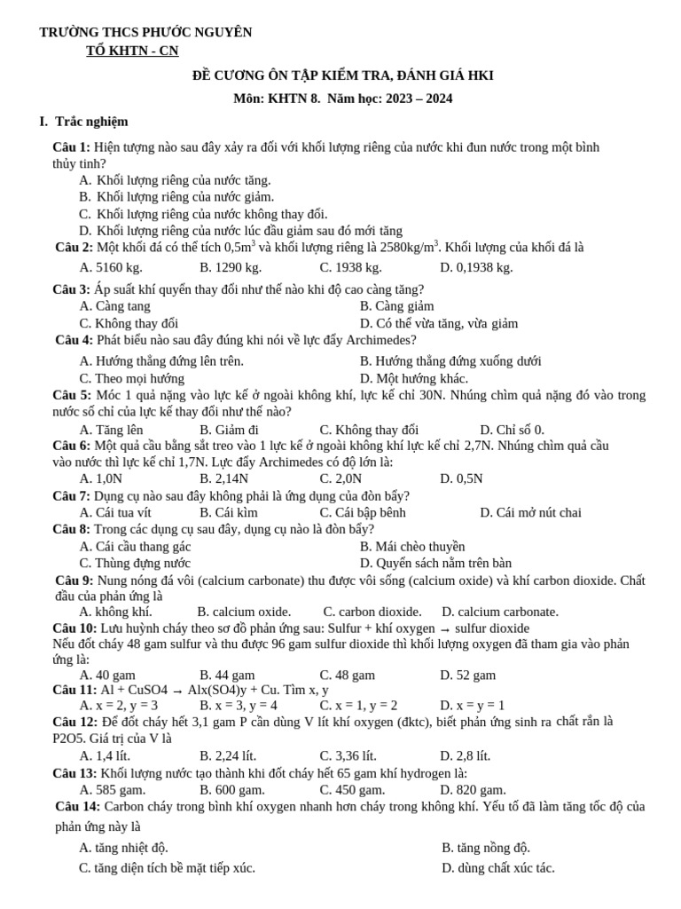 de-cuong-on-tap-hk-1-khtn-8-.nh23-24 | PDF