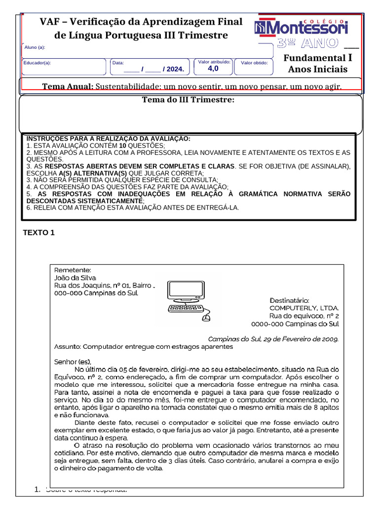 ESPELHO VAF LP III TRIM 3º ANO | PDF | Pronome | Famílias linguísticas