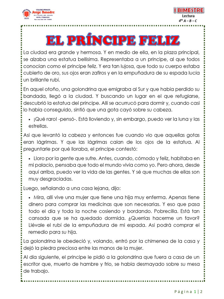 La historia del príncipe feliz y la golondrina | PDF