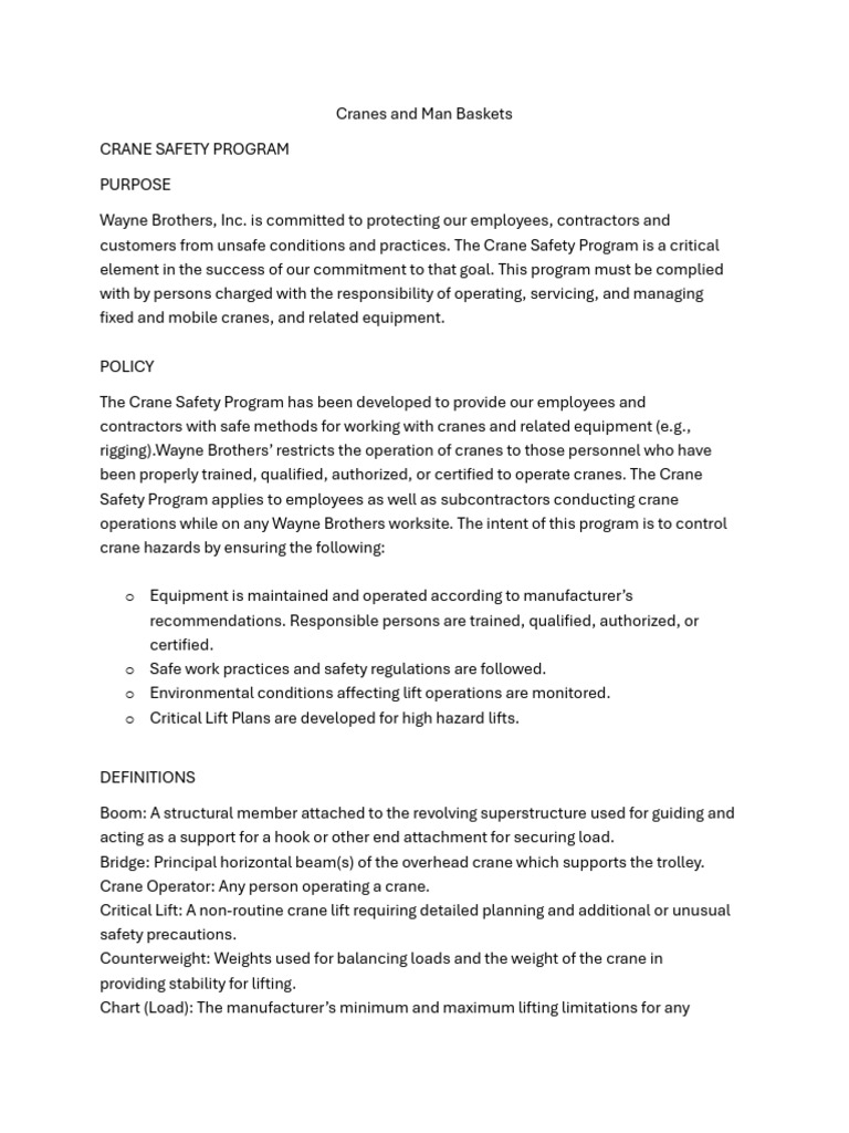 Cranes and Man Baskets Safety Program-Plan | PDF | Crane (Machine) | Elevator
