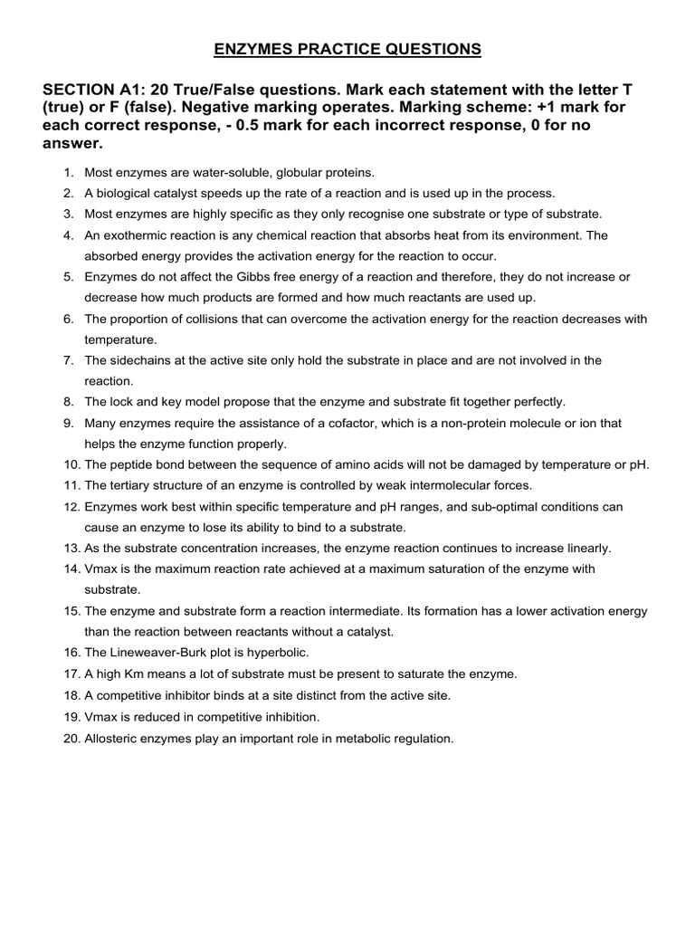 Enzymes Practice Questions | PDF | Enzyme | Active Site