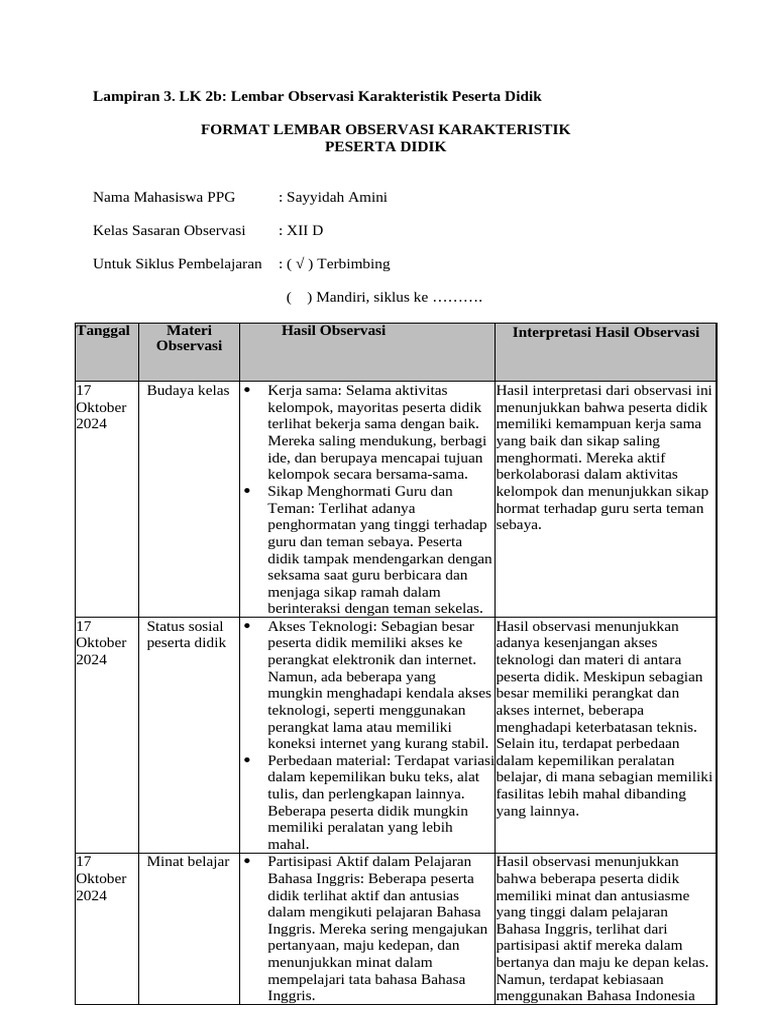 Lampiran 3. LK 2b Lembar Observasi Karakteristik Peserta Didik_Sayyidah Amini | PDF