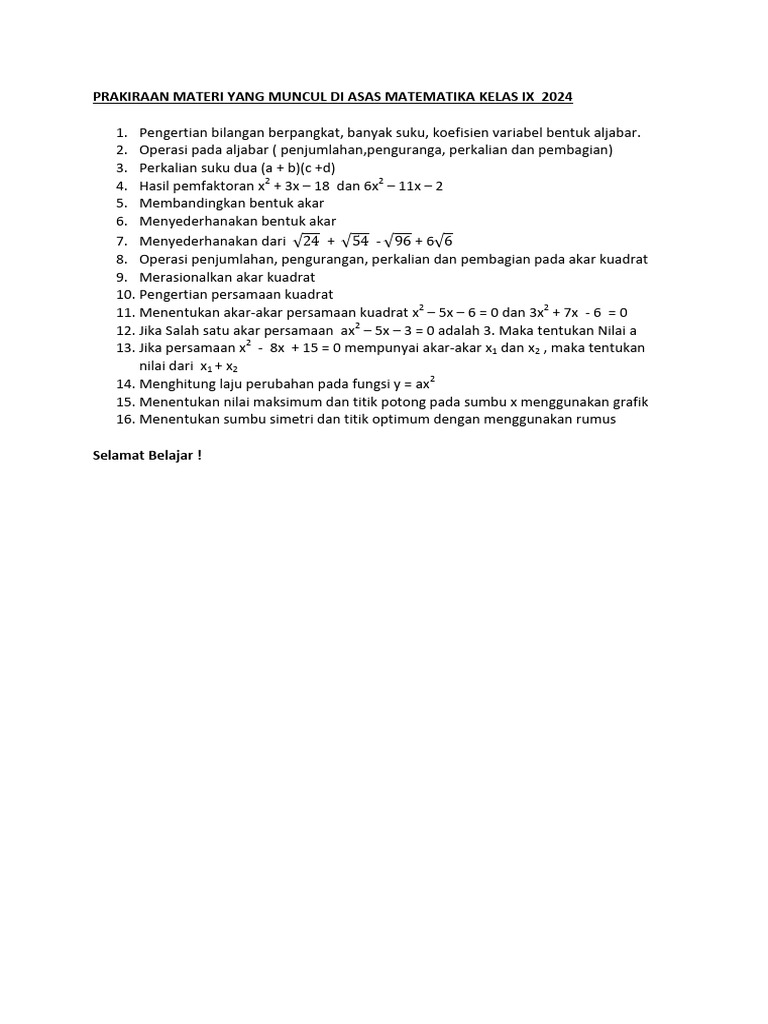KISI-KISI SOAL MATEMATIKA IX ASAS 2024 | PDF