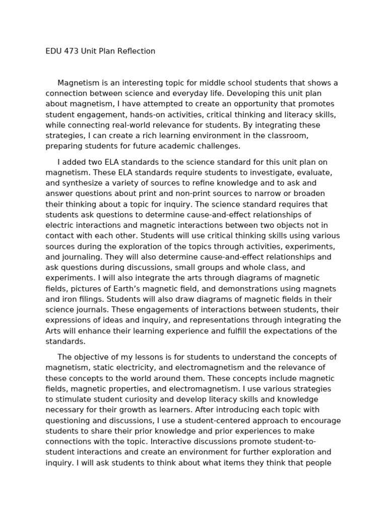 EDU 473 Unit Plan Reflection | PDF | Lesson Plan | Learning
