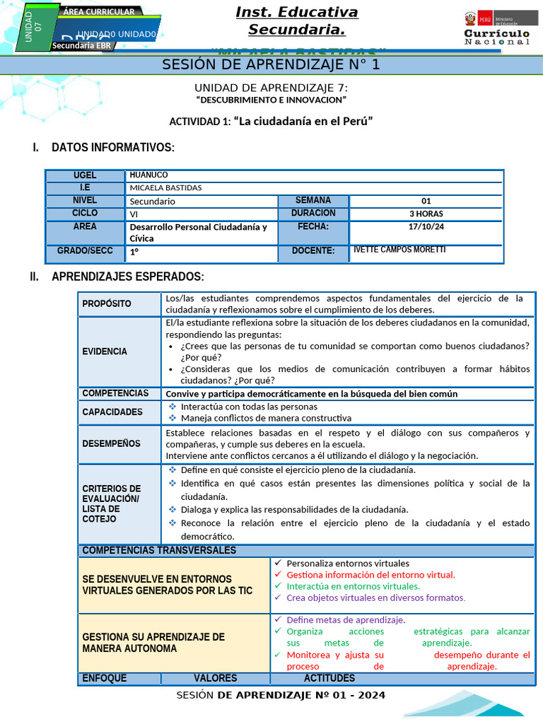 1º DPCC - Ses 1 Uni 7 | PDF | Aprendizaje | Ciudadanía