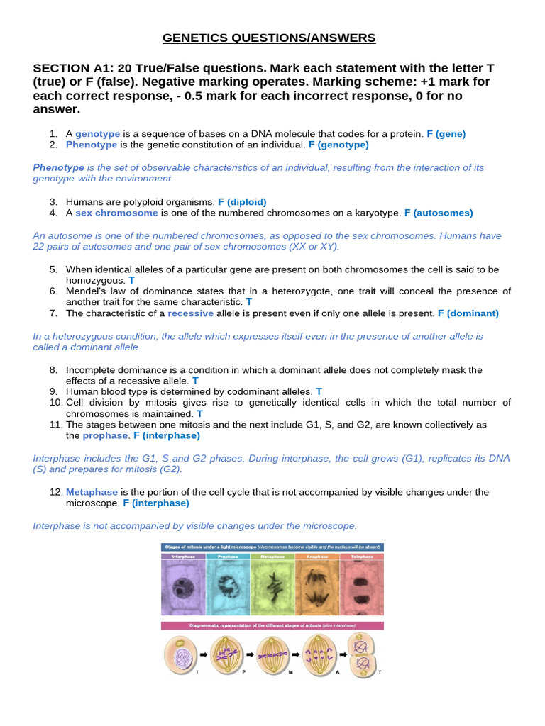 Genetics Questions and Answers SectionA, B | PDF | Mitosis | Dominance (Genetics)