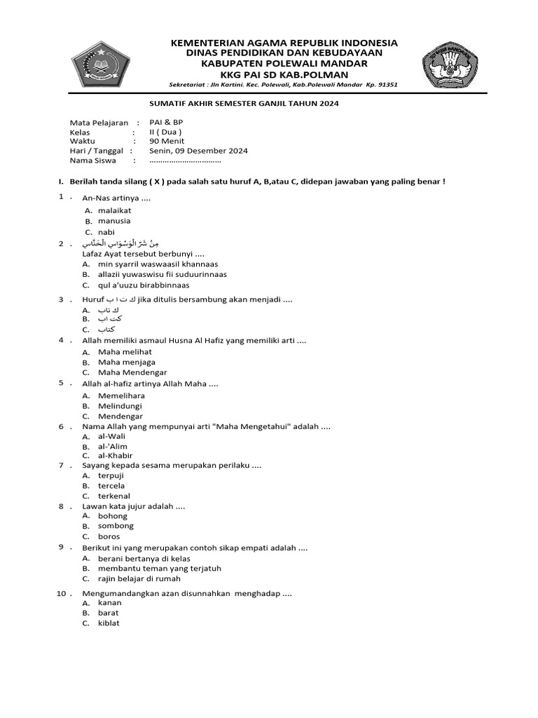 Asesmen Sumatif Ganjil KLS 2 2024 | PDF