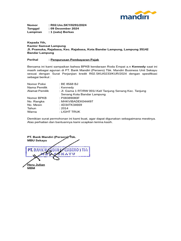 Surat Keterangan Bank Mandiri Sahrul Lendi | PDF