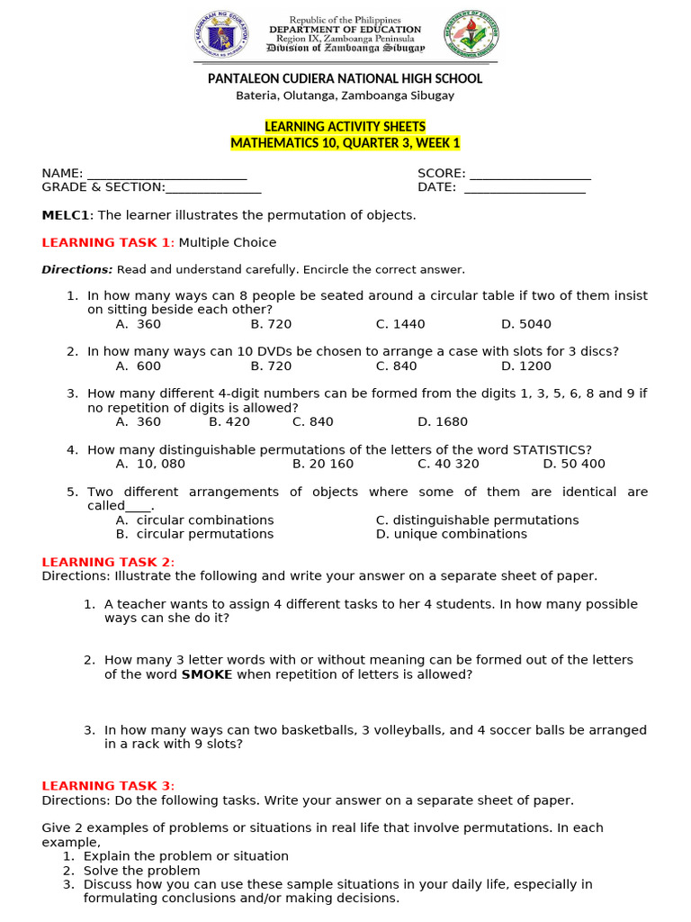 Mathematics 10 Learning Activity Sheets | PDF | Probability | Permutation