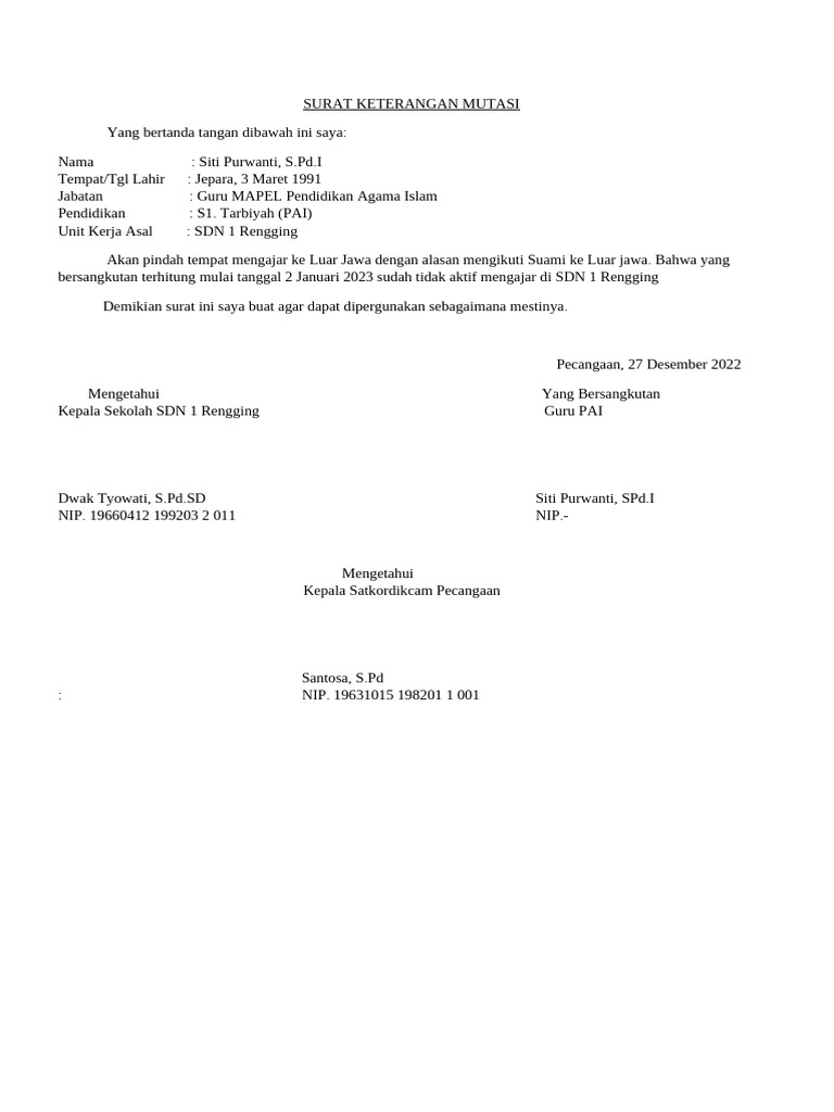 Surat Keterangan Mutasi | PDF