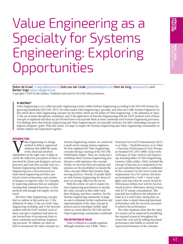 Value Engineering as a Specialty for Systems Engineering: Exploring ...