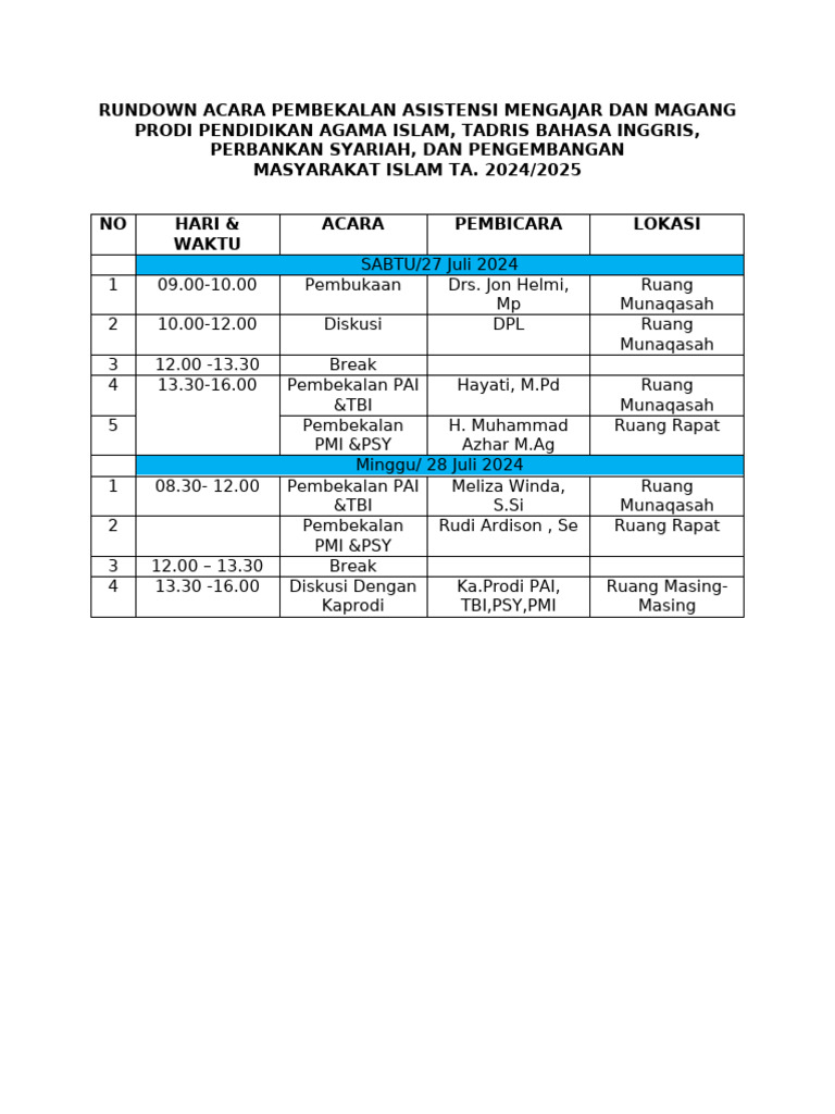 Rundown Acara Pembekalan Asistensi Mengajar Dan Magang | PDF
