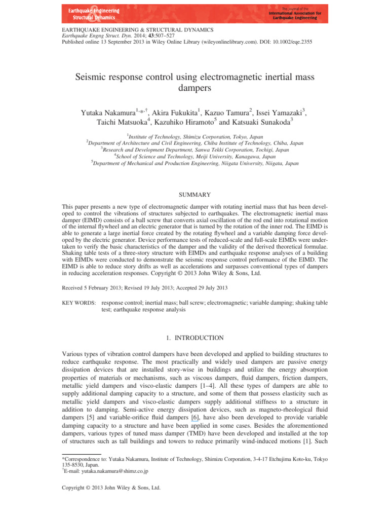 Nakamura Et Al. - 2014 - Seismic Response Control Using Electromagnetic Ine | PDF | Damping | Force