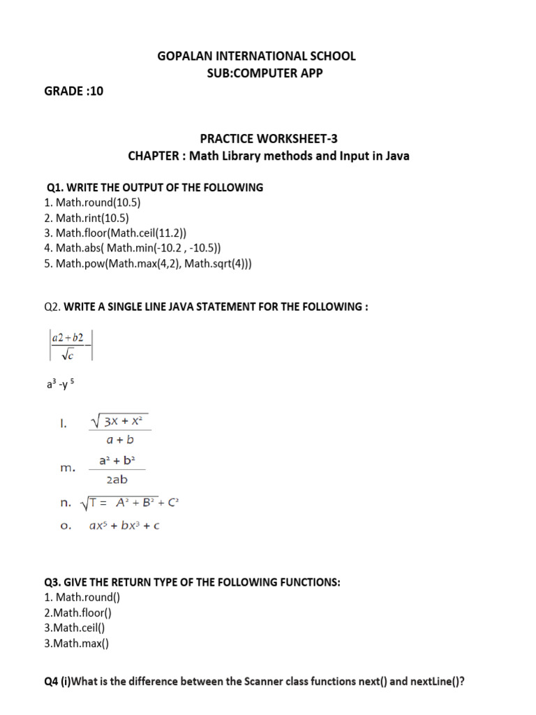 Java Math Library Practice Worksheet | PDF