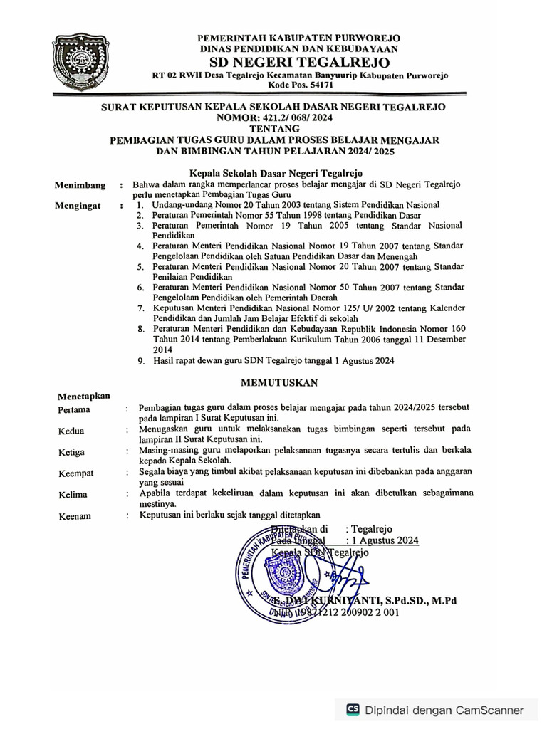 Pembagian Tugas Guru Dalam Proses Belajar Mengajar Dan Bimbingan Tahun 2024-2025 | PDF